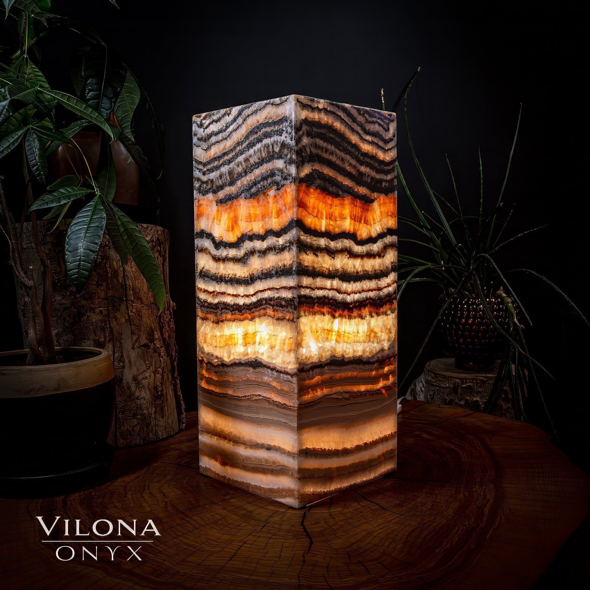 Vilona Onyx - Tangerine Sierra Onyx Lamp (Medium Square Table Lamp #1)