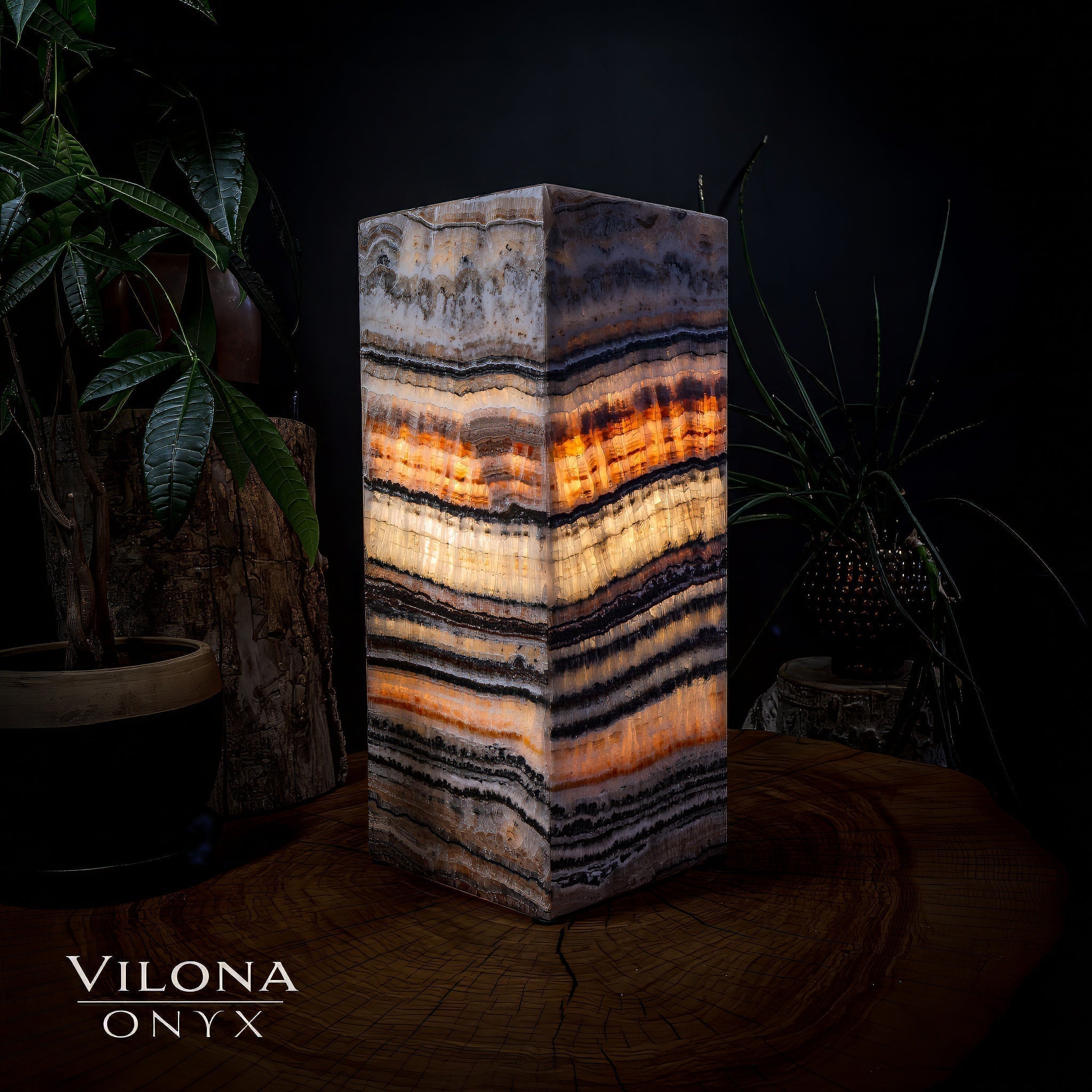 Vilona Onyx - Tangerine Sierra Onyx Lamp (Medium Square Table Lamp #5)